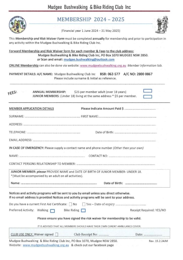 Membership Form 2024-2025 – Mudgee Bushwalking and Bike Riding Club Inc